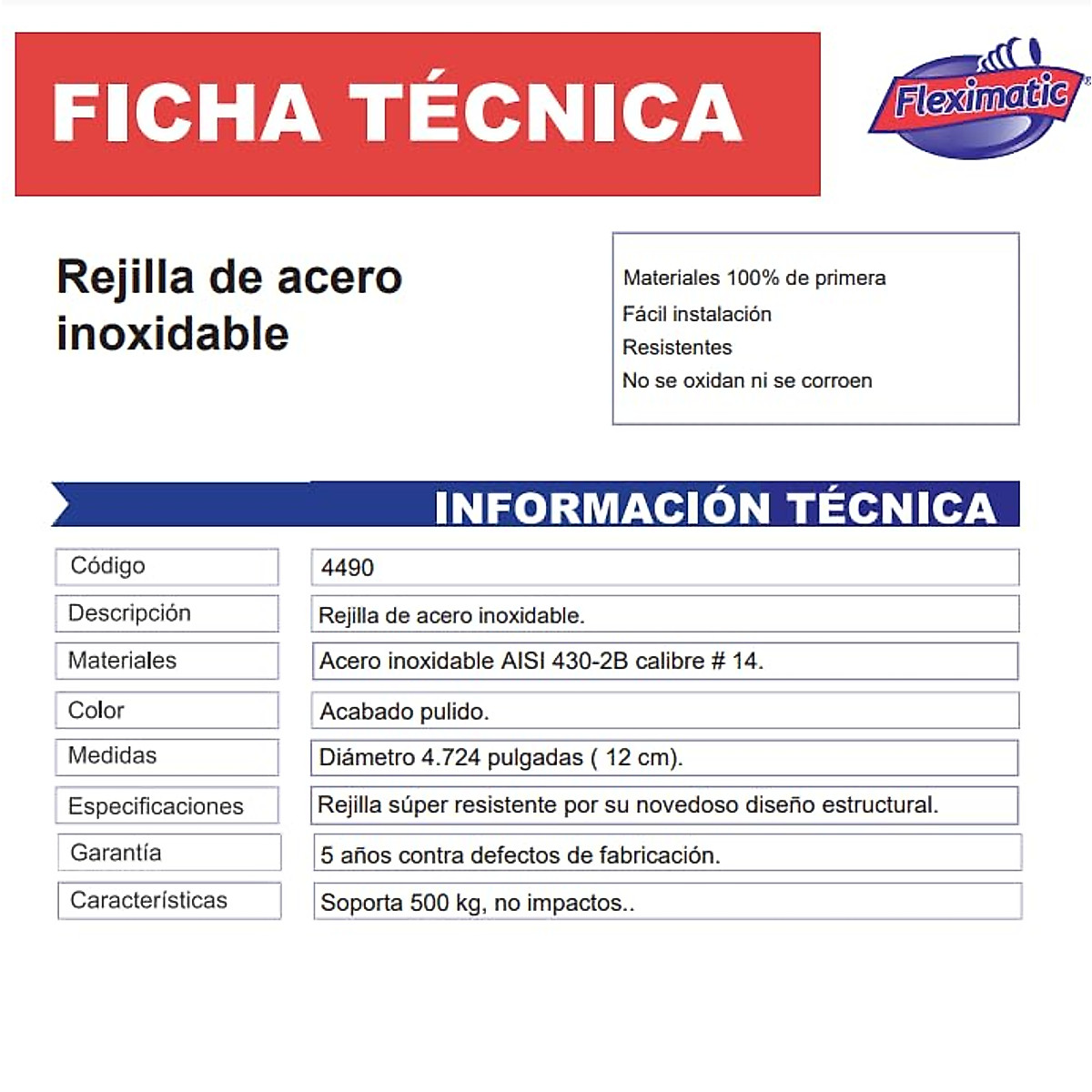 Fleximatic 4490 Stainless Steel Grating 4 3/4"", Polished Finish