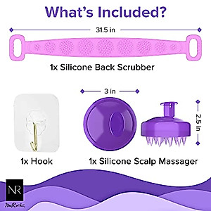NeeRockz - Silicone Body Scrubber and Scalp Massager Set, 3-Inch Scalp Exfoliator and Dual-Sided 31.5-Inch Back Scrubber for Shower, Ergonomic Hair Massager and Bath Scrubber