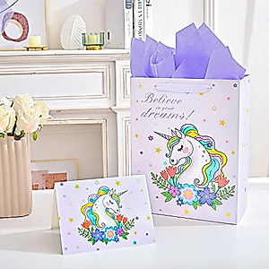 13" Large Unicorn Gift Bag for Girls Kids Birthday Baby Shower with Tissue Paper and Greeting Card