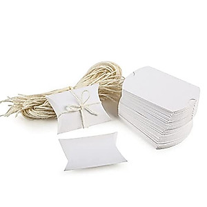 AKOAK Kraft Paper Pillow Box, Candy Favor Gift Boxes for Wedding Birthday and Christmas,Pack of 50 with 50 Pcs Jute Twines (White)