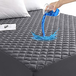 GRT Cal King Size Grey Quilted Fitted Mattress Pad, 100% Waterproof Breathable Mattress Protector, Noiseless Hollow Cotton Mattress Topper, Fitted 8"-26" Deep, Dust Proof