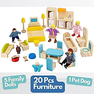 PIDOKO KIDS Skylar Wooden Dollhouse - Includes 20 Pcs Furniture Accessories, 5 Family Dolls and a Pet Dog - Wood Doll House for 3 4-5 Year Old Girls & Boys