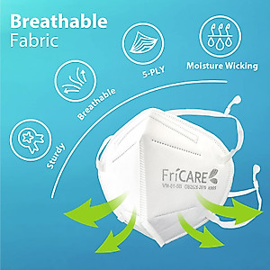 FriCARE KN95 Disposable Face Masks with Headband, 5 Layers Cup Dust Mask with Individual Wrap Against PM2.5 from Fire Smoke, Dust, for Men, Women, Essential Workers, White (12 Pack)