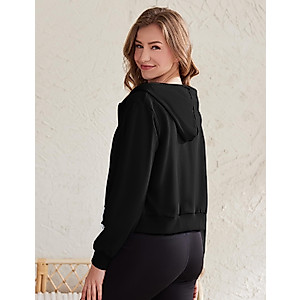 Yimoon Zip Up Hoodie Women Cropped Casual Sweatshirts Workout Long Sleeve Drawstring Hooded Jacket Crop Tops (Black, X-Small)