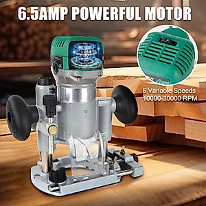 BATOCA Wood Router Kit, 1-1/4 HP Max Torque Router Tool with Fixed Base, Compact Wood Palm Router Tool 6 Variable Speed Wood Trimmer Router Combo Tool for Woodworking, Carving, Trimming, Slotting