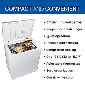 Koolatron Compact Chest Freezer, 5.5 cu ft (155L), White, Manual Defrost Deep Freeze, Storage Basket, Space-Saving Flat Back, Stay-Open Lid, Front-Access Defrost Drain, for Apartment, Condo, Cottage