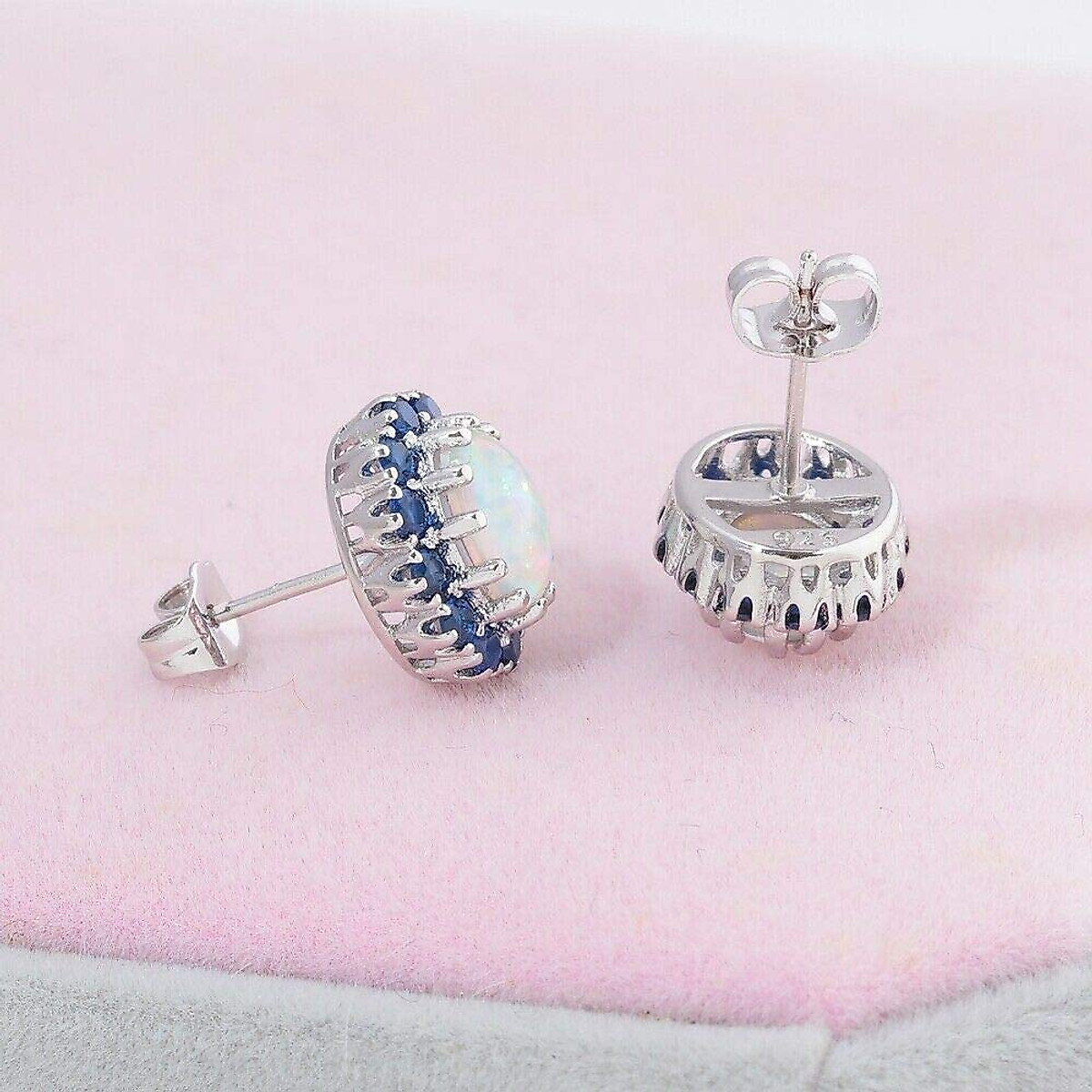 CiNily 14K White Gold Plated Created White Opal and Sapphire Stud Earrings for Women Oval Flower Gems Earrings 12mm