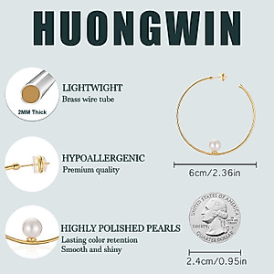HUONGWIN Large Silver Pearl and 14k Gold Plated Hoop Earrings for Women
