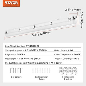 VEVOR 4FT LED Vapor Tight Light, 60W, 7400LM Vapor Proof Light Fixture with 5000K IP65 Waterproof, for Outdoor Semi-Outdoor Cold Environments Parking Lot Warehouse Walk-in Freezer Car Wash, 4-Pack