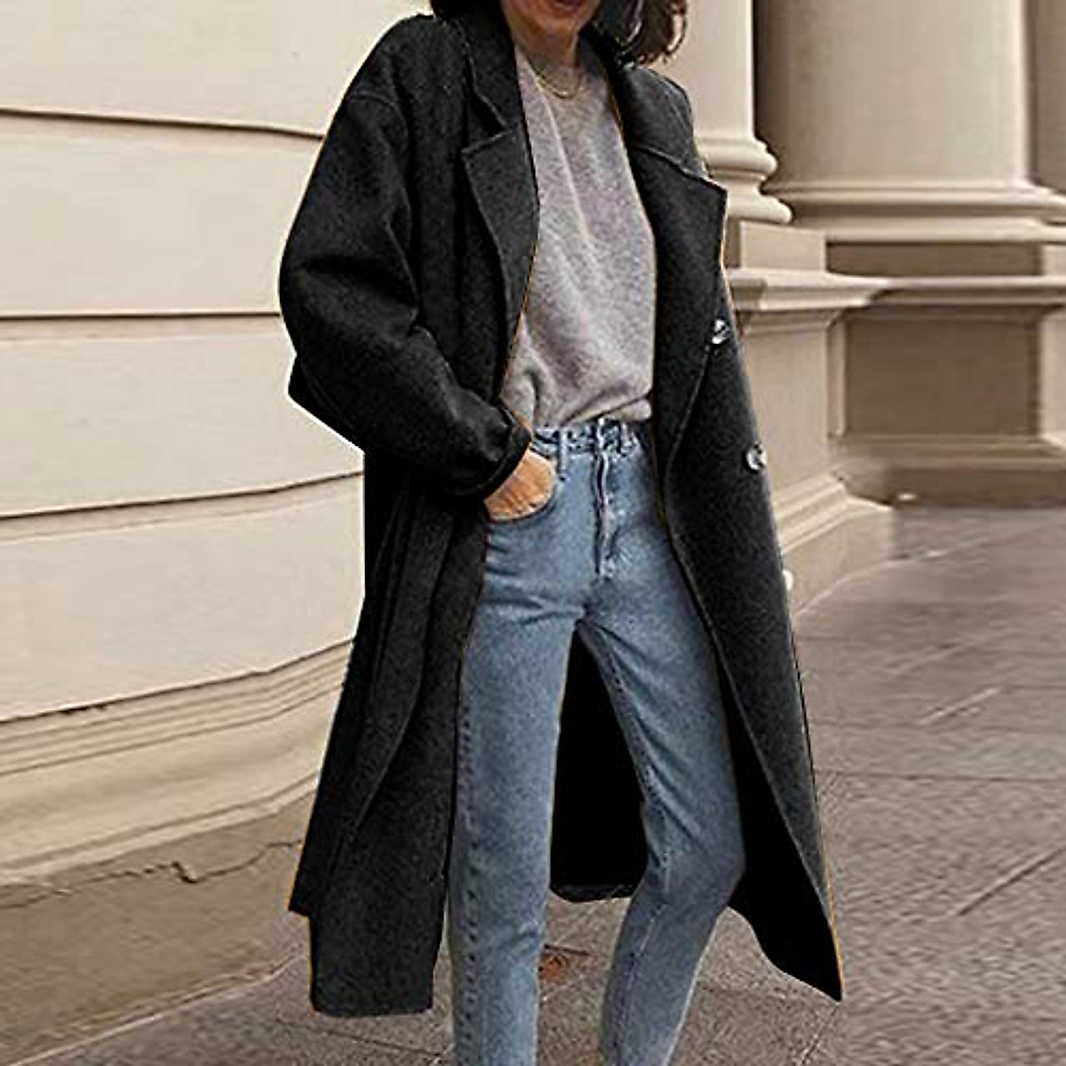 Padaleks Women's Lapel Open Front Long Cardigan Trench Coat Warm Winter Outwear Jackets Double Breasted Overcoat Black