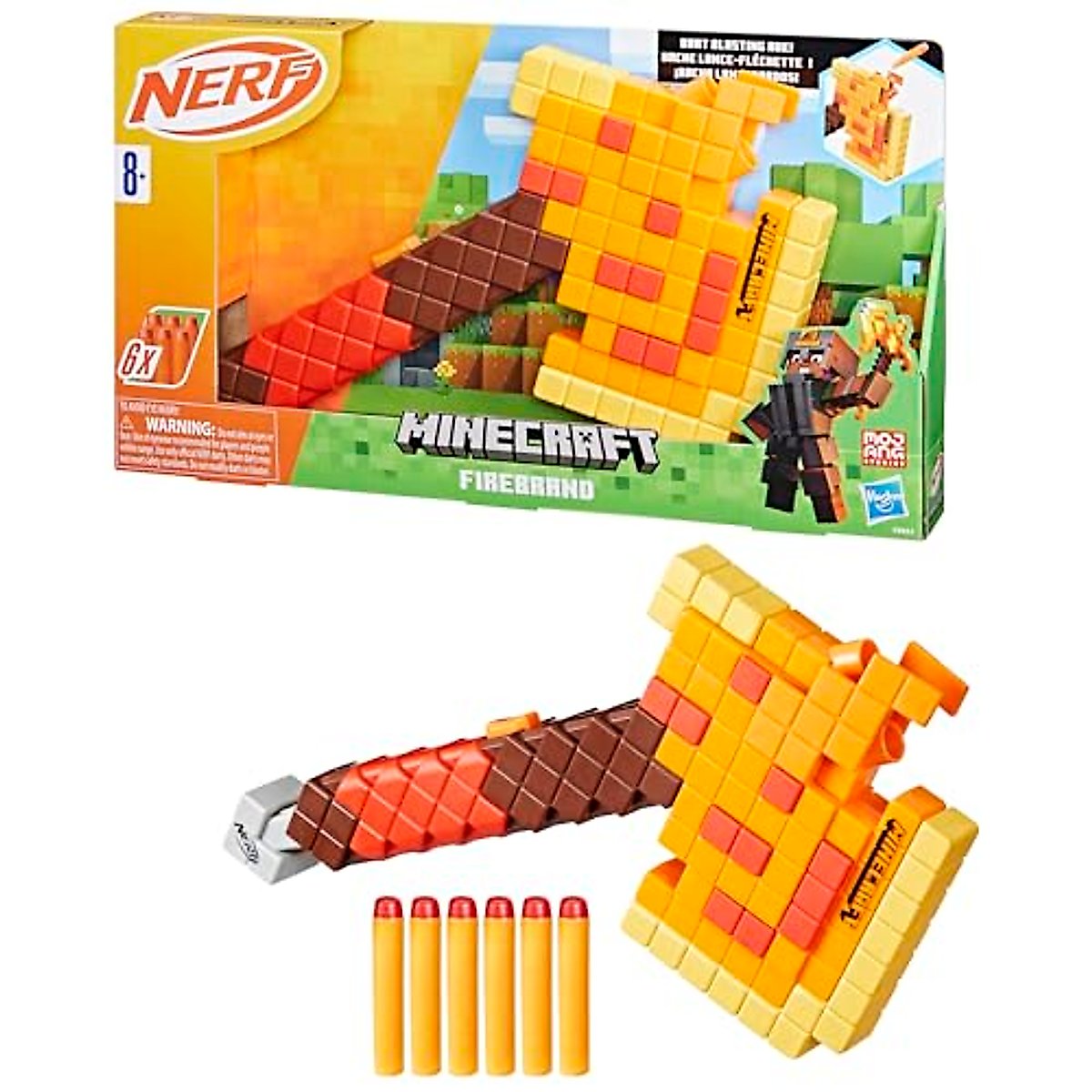 Nerf Minecraft Firebrand, Dart Blasting Axe, 6 Nerf Elite Foam Darts, Design Inspired by Minecraft Axe in The Game, Pull Down Priming, Minecraft Toys