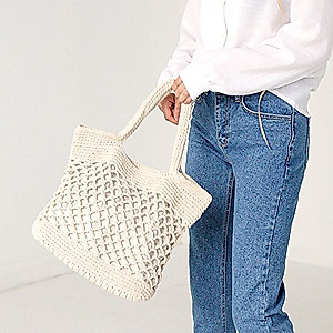 Adela Women Girl Straw Woven Handbag Beach Crochet Bag Travel Large Capacity Tote (Off-white)