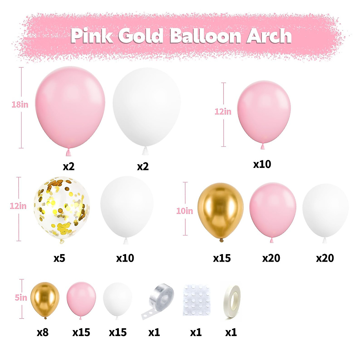Pink and White Balloon Arch Kit, 121PCS Pink and Gold Balloon Garland Pastal Pink White Gold Confetti Balloons for Girls Birthday Baby Shower Wedding Bridal Shower Party Decorations
