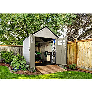 Rubbermaid Resin Weather Resistant Outdoor Storage Shed, 7 x 7 ft. , Faint Maple/Onyx/Sandstone, for Garden/Backyard/Home/Pool