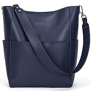 BOSTANTEN Women's Leather Designer Handbags Tote Purses Shoulder Bucket Bag Navy Blue Bundle with Leather Wallets for Women RFID Blocking Zipper Pocket Small Bifold Wallet Card Case