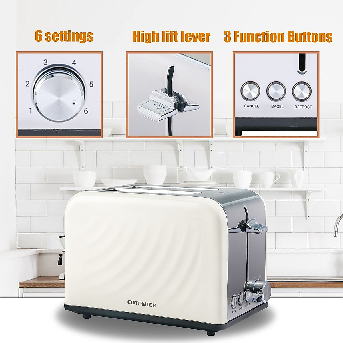 Cotomier Toaster 2 Slice, Retro Cream White Stainless Steel Toaster with Defrost Bagel Cancel Function & 6 Shade Settings (Cream)