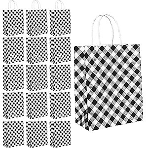ECOHOLA Black Gingham Gift Bags, 16 Pieces Kraft Paper Bags Black White Christmas Buffalo Plaid Bags Goodie Bags Party Favor Bags with Handles for Christmas, Birthday Party Supplies, 10x8x4 Inches