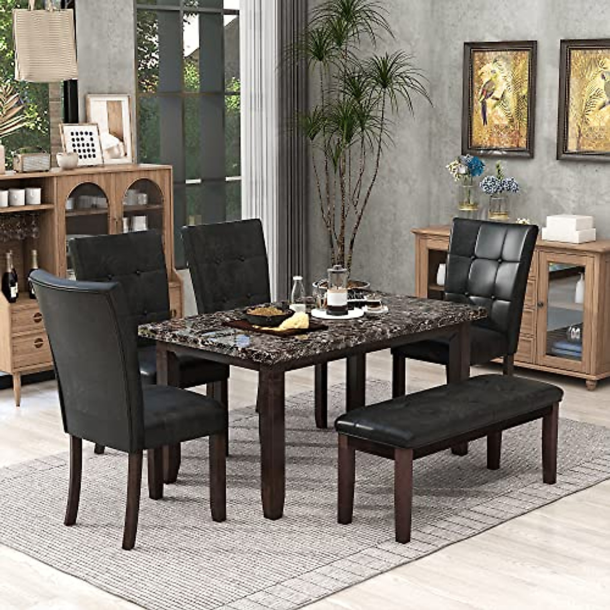 FIQHOME 6-Piece Set with one Faux Marble Dining Table,4 Upholstered PU Leather Chairs and 1 Bench,Perfect for Kitchen, Breakfast Nook, Bar, Living Room,Black