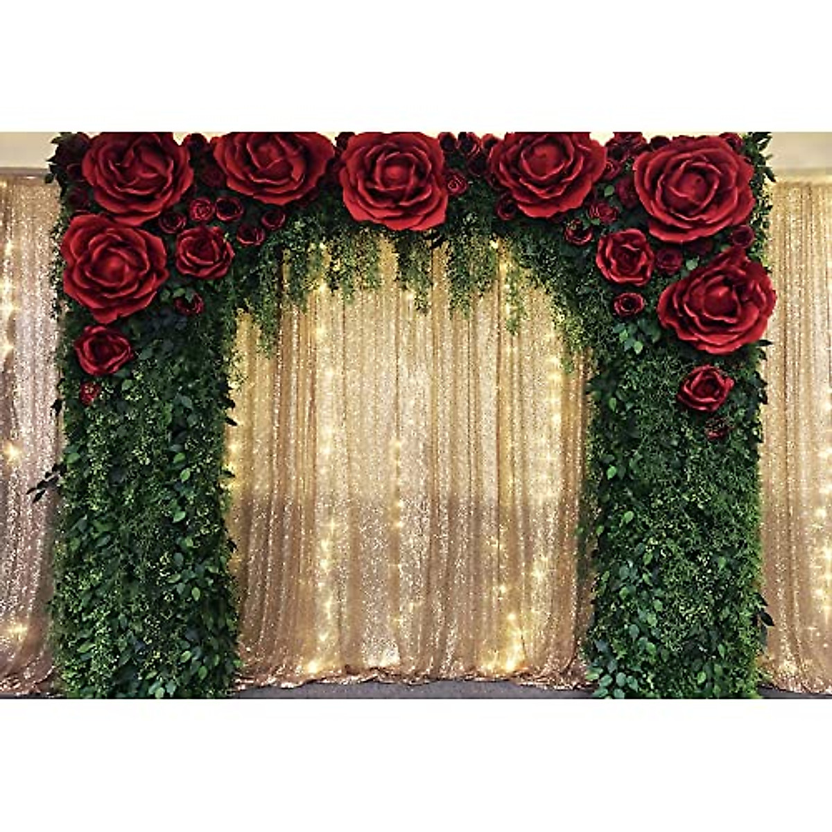OERJU Wedding Backdrop for Reception Wedding Floral Wall Backdrop Red Rose Flowers Gold Curtain Photo Background Bridal Shower Marriage Anniversary Engagement Party Decor Photo Studio Props 5x3ft