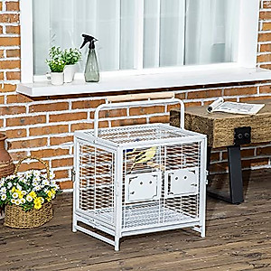 PawHut 19" Travel Bird Cage Parrot Carrier with Handle Wooden Perch for Cockatiels, Conures, White