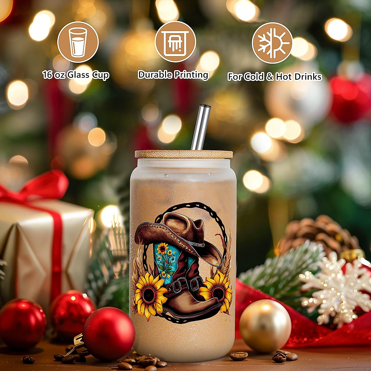 LEADO Western Cowgirl Hat Cups, Cowgirl Boots Glass Cup Mug, 16 oz Frosted Iced Coffee Cups w/Lid & Straw, Cowgirl Gifts, Western Stuff Gifts - Birthday, Christmas, Western Gifts for Women