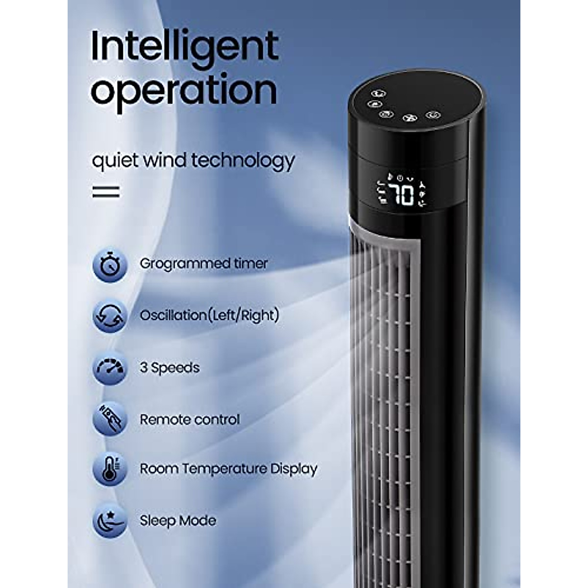 Selanto 36'' Tower Fan with Remote, Portable 80° Oscillating Fan Tower, Large LED Display, Touch Control, 12H Timer, 3 Speeds, 3 Modes, Quiet Bladeless Cooling Fan for Bedroom, Standing Floor Fans for Home Office (44'', Black)