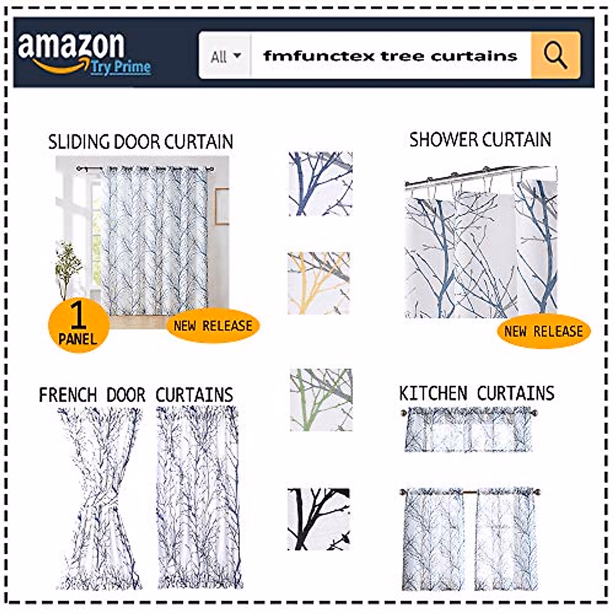 FMFUNCTEX Print Blue White Semi-Sheer Curtain Panels for Bedroom 63” Grey Tree Branch Printing on Linen Textured Window Treatment Set for Living Room Draperies 50”w 2-Pack