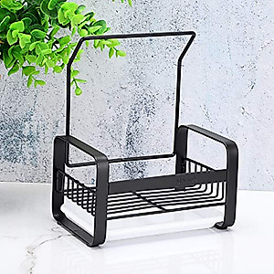 JUXYES Stainless Steel Sponge Holder with Dishcloth Drying Rack, Kitchen Sink Organizer Caddy Tray Sponge Brush Soap Holder with Removable Drain Tray for Kitchen (S, Black)