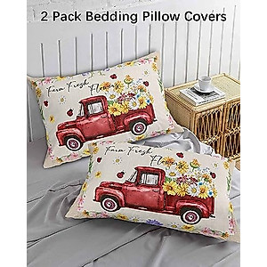 Edwiinsa Summer Truck Pillow Covers Standard Size Set of 2 20x26 Bed Pillow, Ladybug Spring Floral Rustic Plush Soft Comfort for Hair/Skin Cooling Pillowcases with Envelop Closure