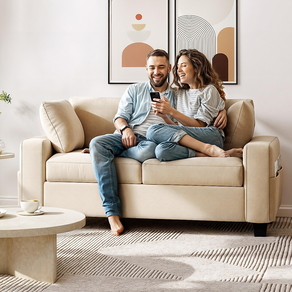 YITAHOME 60" Sofa, Comfy Upholstered Sofa Couch with Extra Deep Seats, Modern 2-Seater Couch Sleeper with Side Pocket, Loveseat for Living Room Apartment Office, Easy Assembly, Beige