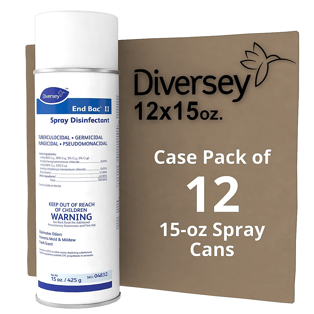 Diversey 04832 End Bac II Spray Disinfectant, Eliminates Odors & Prevents Mold & Mildew, Fresh Scent, Aerosol, 15-Ounce (Pack of 12)