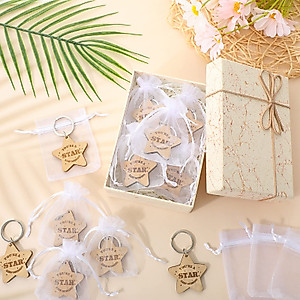Roowest 25 Sets Star Keychains Inspirational Wooden Keychain Motivational You're a Star Keychains Bulk and 25 Pcs Organza Bags Thank You Gift for Students Teacher School Employee