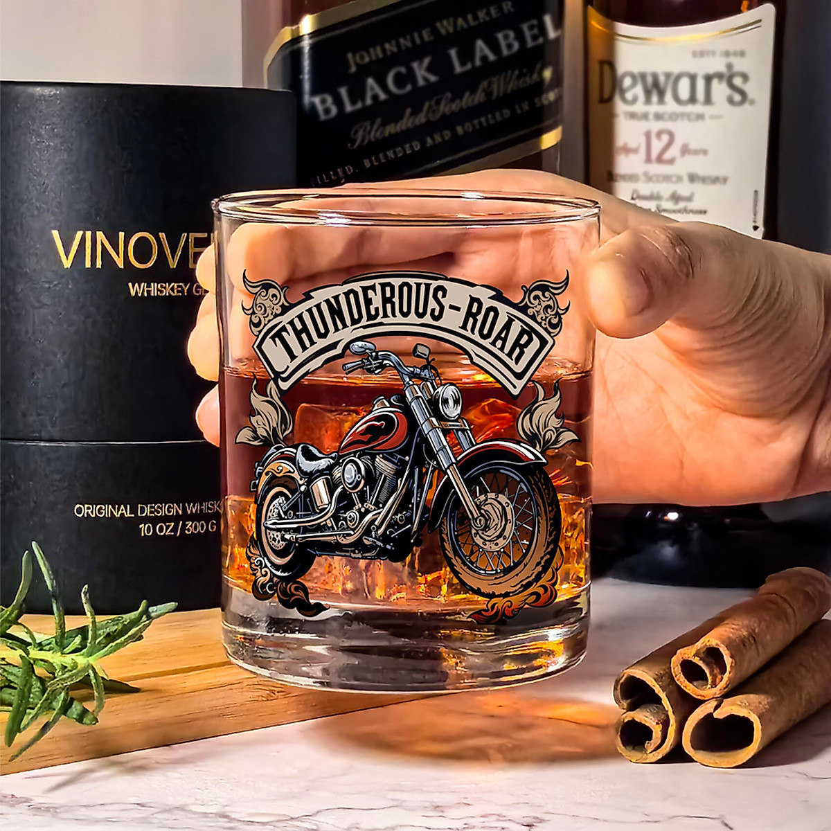 Vinoveltty Motorcycle Whiskey Glass, Motorbike Gifts Whisky Gifts for Men Dad, Fathers Gifts Christmas Birthday Gift for Biker Dad Brother, Whiskey Tumbler(300 ML)