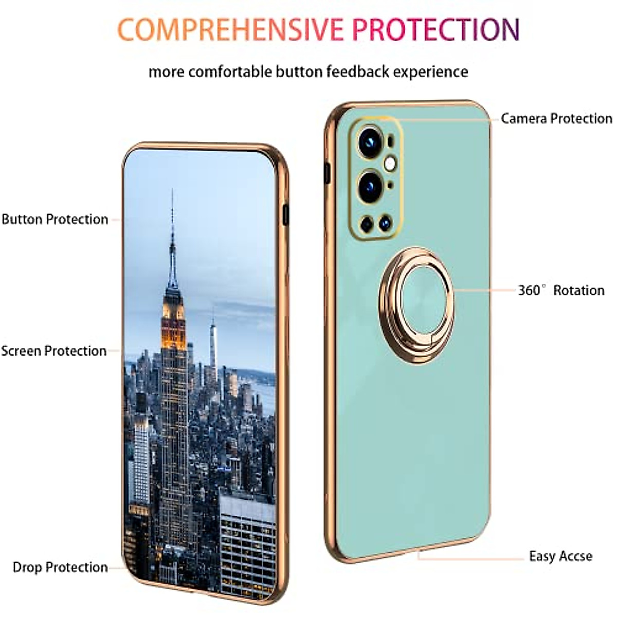 Jancyu Compatible with Oneplus 9 Pro case, Phone Cases for Oneplus 9 Pro with Ring Holder, 360 Degrees Protective Silicone Magnetic Car Holder (Green)