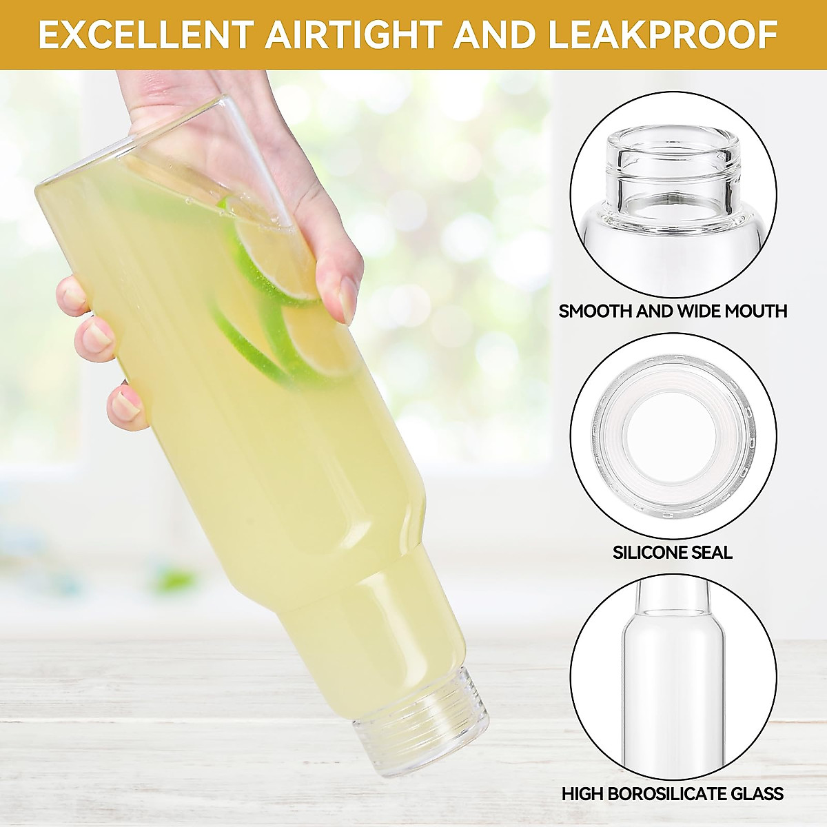 CWHHRN 34oz Glass Bottles with Lids, Glass Jars with Lids for Juice, Smoothies, Water, Milks, Beverage Storage, Clear Mason Jars with Lids for Pickles, Jams, Food Storage (2 Pack)