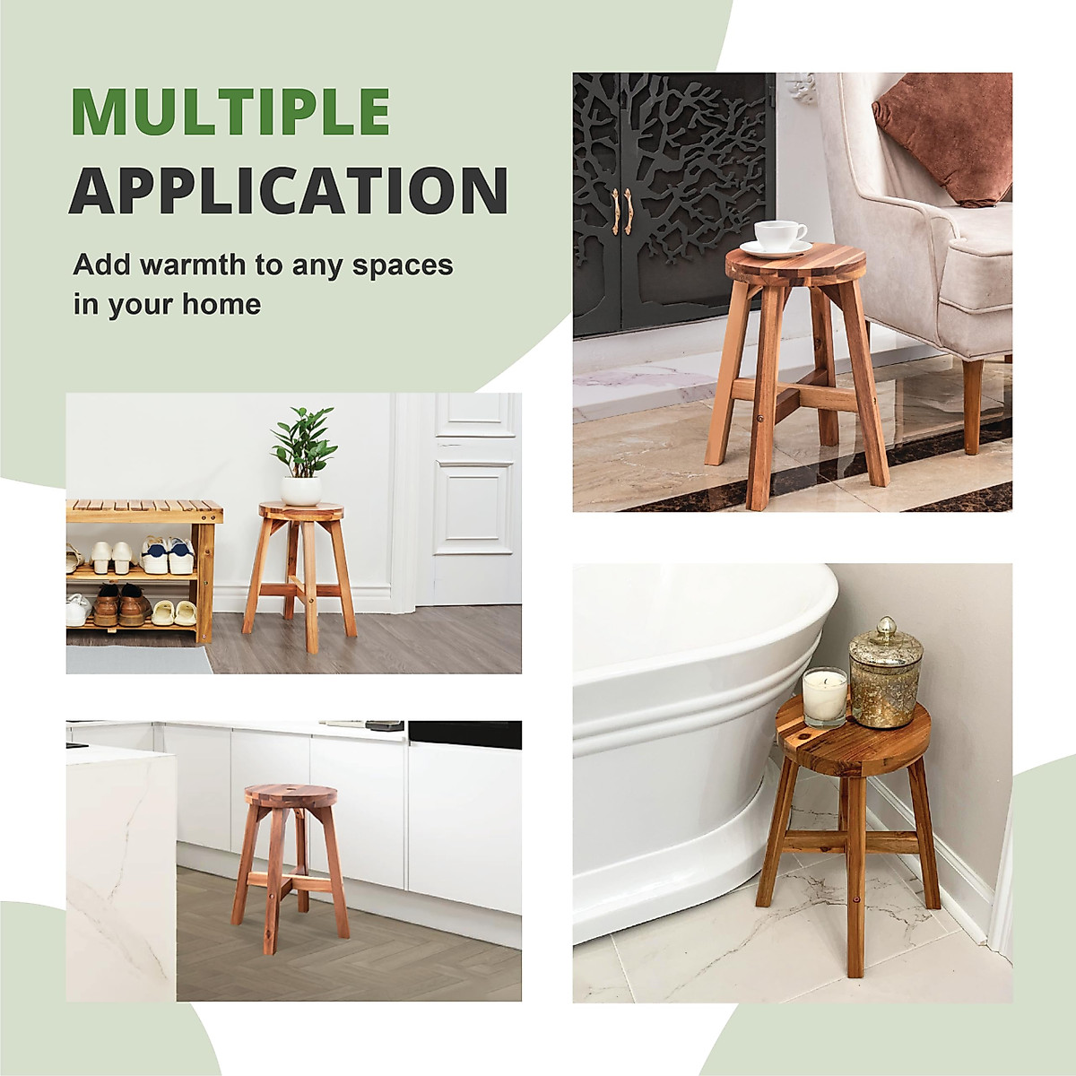 BEEFURNI Round Wooden Stool, Acacia Wood 18 Inch Stool, Wooden Step Stools for Kids, Solid Wood End Table, Plant Stool 350 LBS Load Capacity, Easy to Assemble, 1 Year Warranty