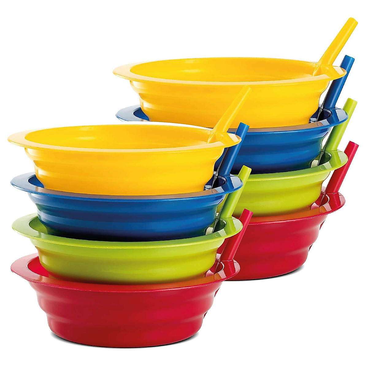 PLASKIDY Cereal Bowls with Straws for Kids - Set of 8 Kids Bowls with Built-in Straws - 22 Ounce Toddler Sippy Bowls Dishwasher/Microwave Safe BPA Free Brightly Colored Great Kids Soup/Cereal Bowls