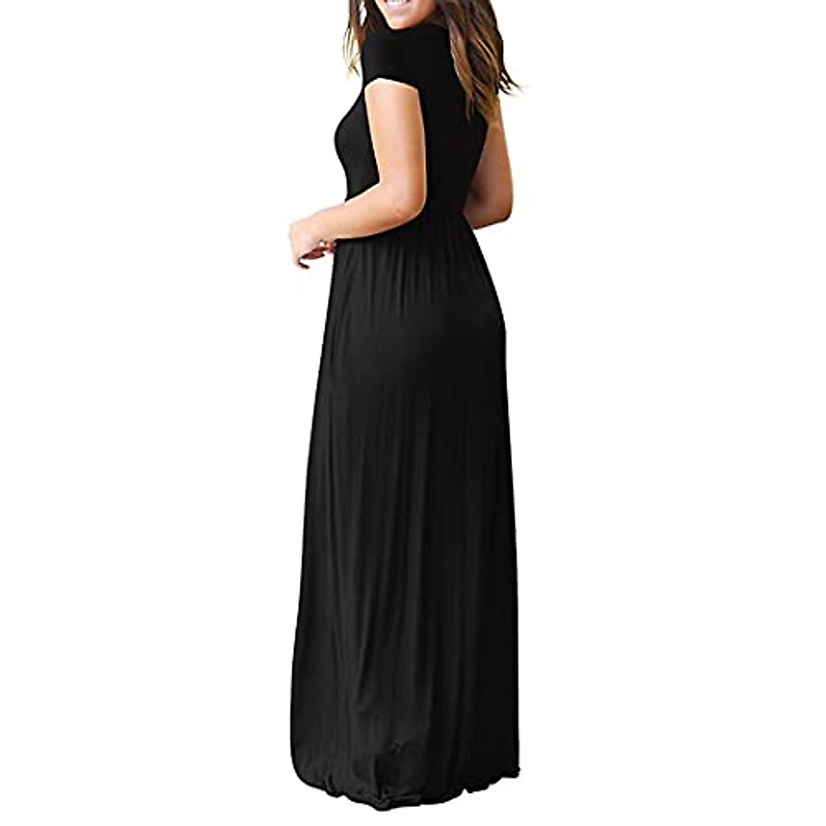 GRECERELLE Women's Short Sleeve Loose Plain Maxi Dresses Casual Long Dresses with Pockets Black Medium