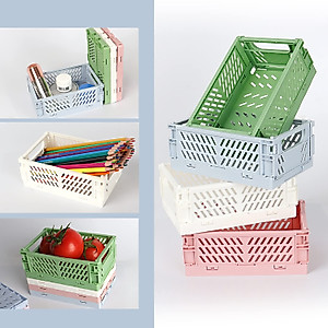 Reavor Pastel Crates, 4-Pack Mini Plastic Baskets Stackable, Small Foldable Cute Drawer Organizer for Office Desk Drawer Organizing Adorable