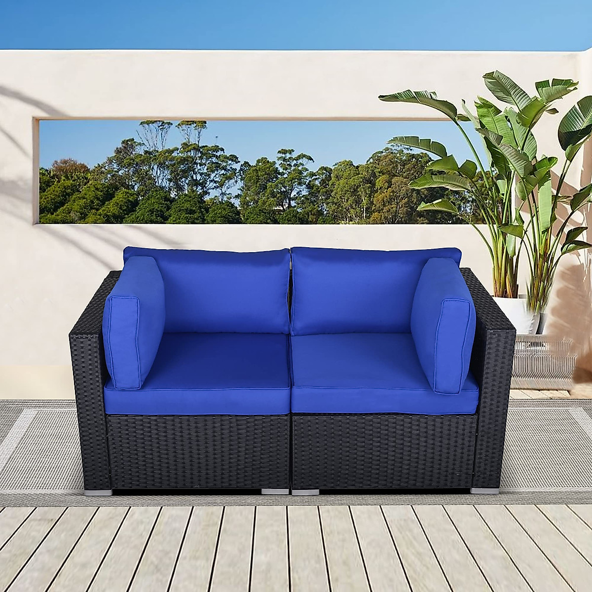 SUNVIVI OUTDOOR Patio Loveseat, 2 Piece Wicker Outdoor Sectional Couch with Removable Navy Blue Cushions, Extra Sofa Furniture