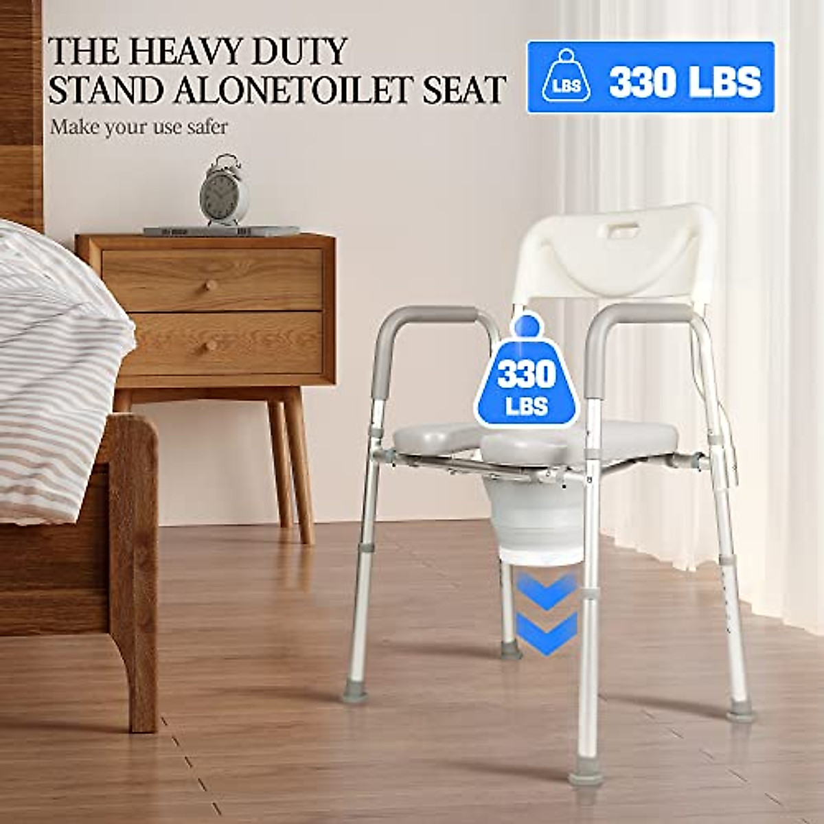 4-in-1 Raised Toilet Seat with Handles and Backrest, Bedside Commode Chair with 5L Collapsible Bucket, 330lbs Stand Alone Raised Toilet Seat, Toilet Safety Frame for Elderly, Pregnant, Disabled