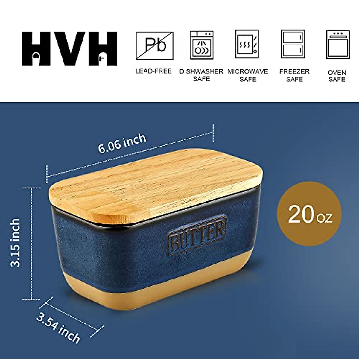 HVH Ceramic Butter Dish with Lid for Countertop, Airtight Butter Keeper with Wooden Lid, Butter Dishes with Covers, Ceramic Butter Container for East West Coast Butter, Farmhouse Style (Blue)