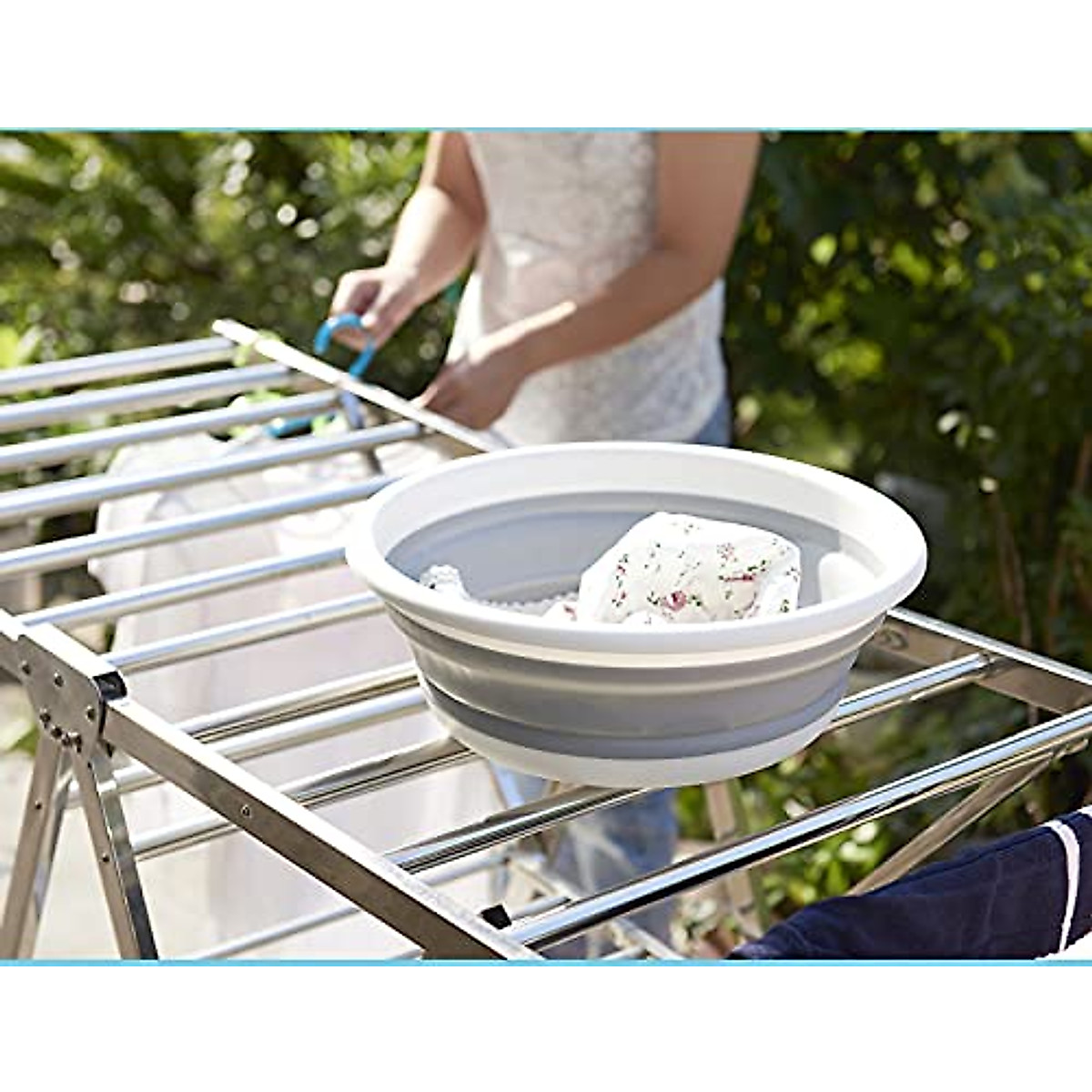 AAKitchen Collapsible Portable Wash Basin Dishpan 5L Kitchen Dish Pans Washing Basin Foldable Strainer Wash and Drain Dish Tub Drainer for RV, Camping, Marine, BBQ (White/Gray)
