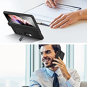 Ruky for Samsung Galaxy Z Fold 3 Full Body Case, Magnetic Kickstand, Hinge Protection, Built-in Screen Protector PU Leather Stand Case for Samsung Galaxy Z Fold 3 5G, Black