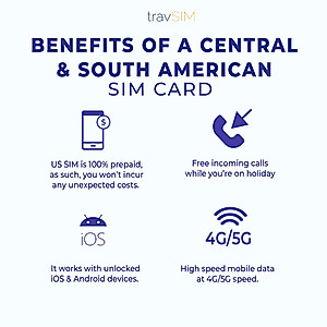travSIM Central South America SIM Card for Valid 30 Days | 12GB Mobile Data | Colombia Brazil Nicaragua Panama Costa Rica Peru El Salvador Chile Guatemala Uruguay SIM Card