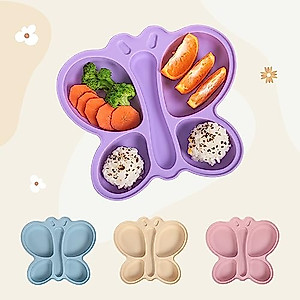CUAIBB Suction Plates for Baby, Silicone Toddlers Plates with Suction Butterfly Shape, Divided Plates for Baby Led Weaning Supplies - Microwave & Dishwasher Safe - Pink