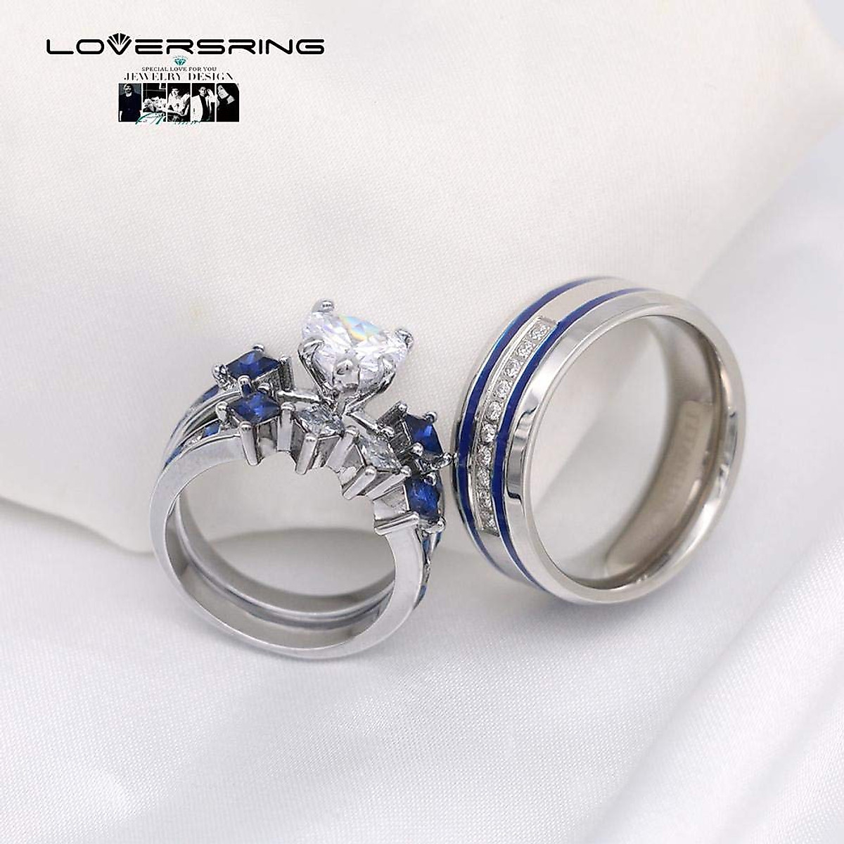 LOVERSRING 3pc His and Hers Couple Ring Bridal Sets Women White Gold Plated Heart Blue Cz Man Titanium Band Wedding Ring for Him and Her
