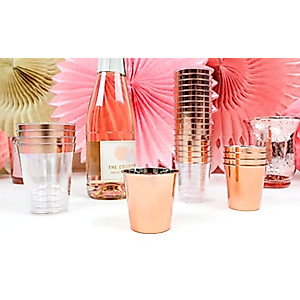 Just Artifacts 2oz Plastic Shot Glasses (120pcs, Metallic Rose Gold Rim)