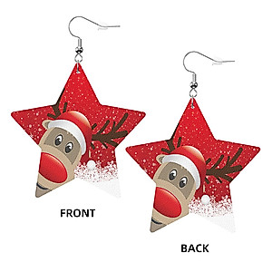 Swono Cartoon Reindeer Leather Earrings Christmas Cute Deer Red Hat Snow Snowflake Star Faux Leather Earring Lightweight Dangle Drop Earrings for Women Girls