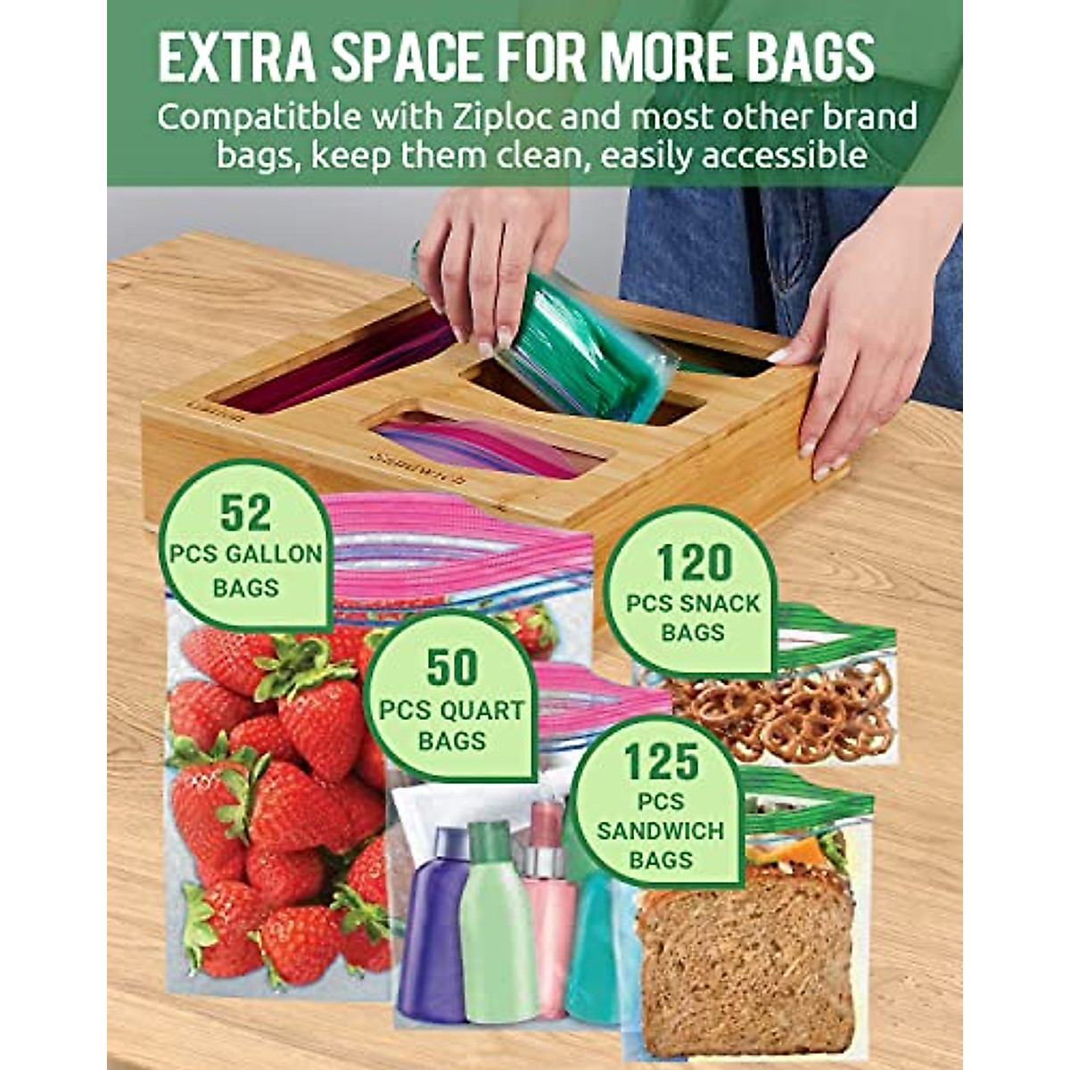 Ziplock Bag Storage Organizer for Kitchen Drawer, 4-in 1 Bamboo Food Baggie Holder, Compatible with Ziploc, Solimo, Glad, Hefty for Gallon, Quart, Sandwich, Snack & Freezer Gallon Variety Size Bag